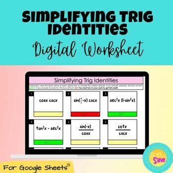 Simplifying Trig Identities DIGITAL Self Checking Worksheet By Sun Sine
