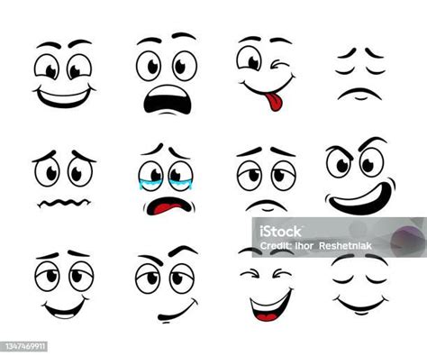 만화 얼굴 눈과 입의 표정 미소와 슬픈 캐릭터 재미 귀엽고 화가 나고 혼란스럽고 웃고 미친 악과 울고 얼굴의 세트 만화의 아이콘 낙서 이모티콘의 스케치 벡터 윙크에 대한