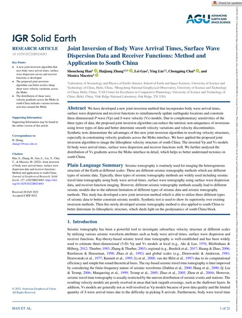 Pdf Joint Inversion Of Body Wave Arrival Times Surface Wave Dispersion Data And Receiver