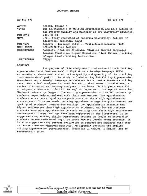 Pdf The Relationship Of Writing Apprehension And Self Esteem To The Writing Quality And