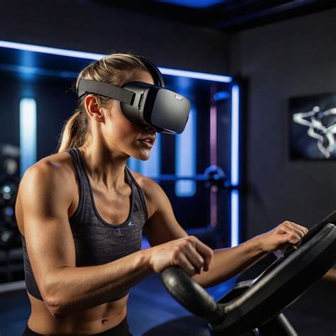A Woman Is Using A Virtual Reality Headset On A Treadmill Premium Ai