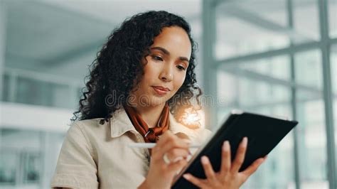 Business Woman Tablet And Pen In Office For Editing Fashion Magazine Catalog Or App Digital