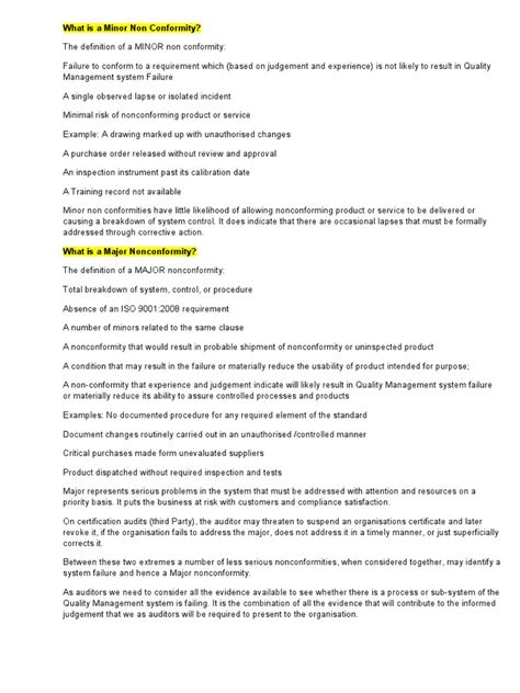 Difference Minor And Major Non Conformity Pdf Audit Risk