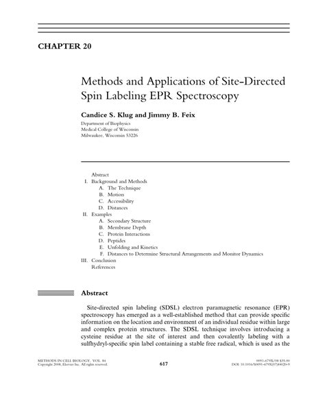 Pdf Methods And Applications Of Site Directed Spin Labeling Epr Spectroscopy