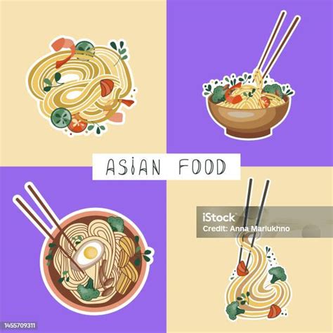 유사한아시아 음식 스티커 우동 또는라면 스프 해산물을 곁들인 국수와 쌀 레스토랑 배너 로고 및 패스트 푸드 광고에 적합합니다