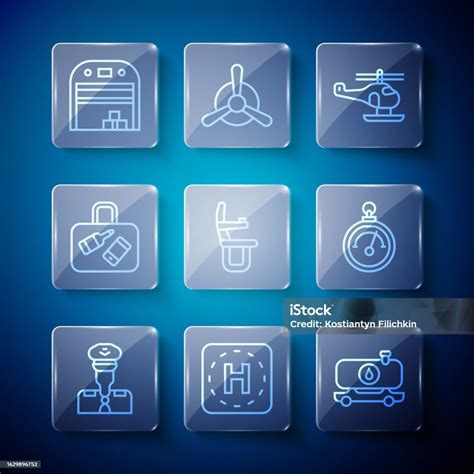 라인 파일럿 헬리콥터 착륙장 연료 탱커 트럭 비행기 좌석 여행 가방 항공기 격납고 및 기압계 아이콘을 설정합니다 벡터 가방에 대한 스톡 벡터 아트 및 기타 이미지 Istock