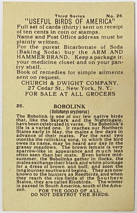 Bobolink 1922 Arm And Hammer Useful Birds Of America Card Kbk Sports