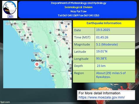 ကျောက်ဖြူမြို့အနီး ပင်လယ်ပြင်၌ ပြင်းအား ၅ ဒသမ ၁ ရှိ ငလျင်လှုပ်