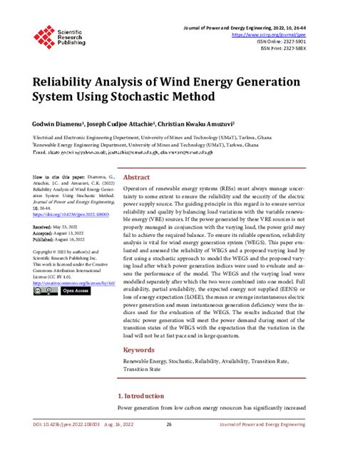 Pdf Reliability Analysis Of Wind Energy Generation System Using Stochastic Method