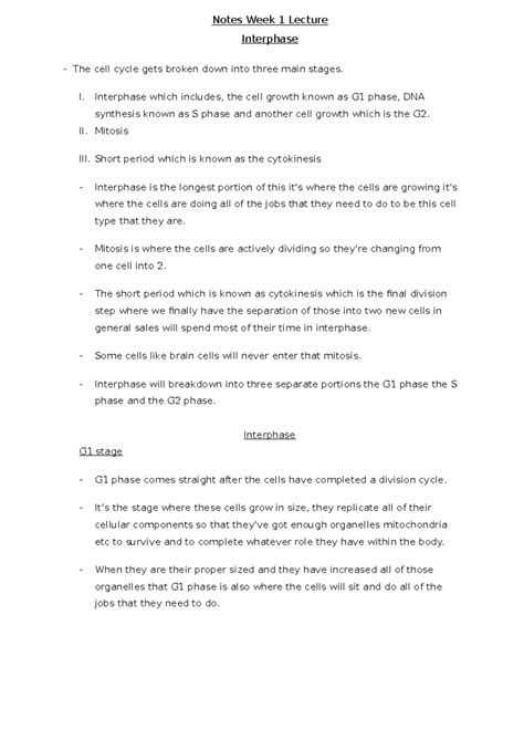 Notes Week 1 Lecture Notes Week 1 Lecture Interphase The Cell Cycle