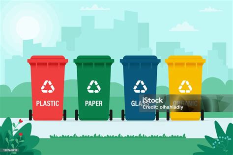 垃圾桶為有機紙張塑膠玻璃垃圾在城市背景回收利用垃圾分類生態概念扁平風格的向量插圖向量圖形及更多回收桶圖片 回收桶 小垃圾筒 字紙蘿 Istock