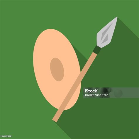 방패와 돌 창이 있는 고대 무기는 긴 그림자가 있는 평평한 아이콘입니다 간단한 역사 아이콘 픽토그램 벡터 그림입니다 고대 석기 시대 구석기 시대 선사 시대 역사 개념 로고