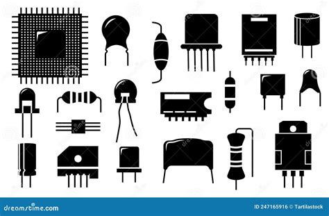 Black Electronic Component Icons Electric Circuit Conductor And Semiconductor Parts Diode