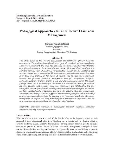 Pdf Pedagogical Approaches For An Effective Classroom Management