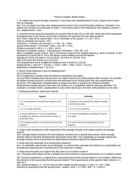 Class 9 Physics Motion Notes Pdf Acceleration Velocity