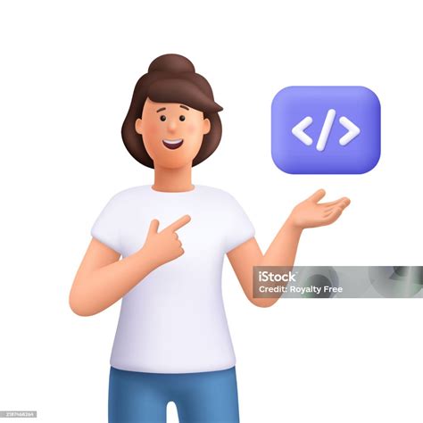 Young Smiling Woman Jane Pointing To Programming Code Symbol Girl