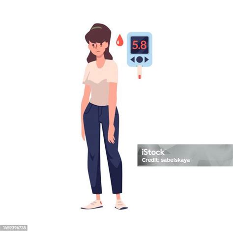 글루코미터에 고혈당 표시기를 가진 피곤한 여자 흰색 배경에 격리된 평평한 벡터 삽화 저혈당에 대한 스톡 벡터 아트 및 기타 이미지 저혈당 건강관리와 의술 검사 보기