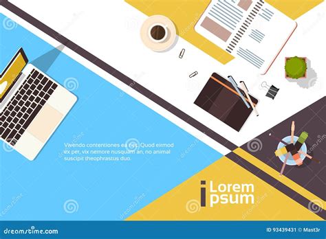 Business Workplace Desk Top Angle View Notebook Laptop Computer Banner With Copy Space Stock