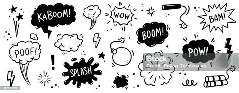 만화 폭탄 붐 벡터 요소 손으로 그린 만화 폭발 폭탄 효과 스플래시 느낌표 연기 요소 낙서 손으로 그린 텍스트 붐 Pow 와우