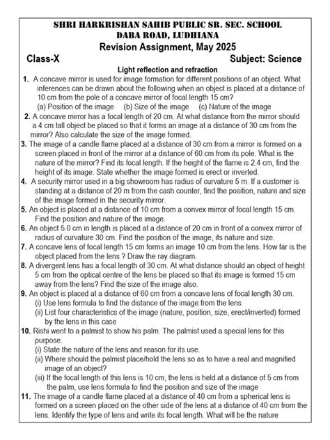 Light Class 10 Assignment May 2025 Pdf Electrodynamics Applied