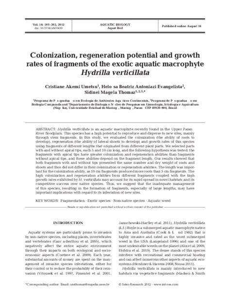 Pdf Colonization Regeneration Potential And Growth Rates Of Fragments Of The Exotic Aquatic