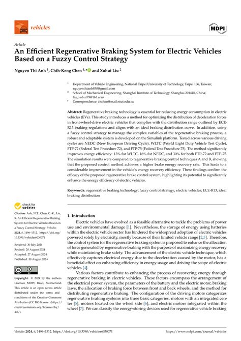 Pdf An Efficient Regenerative Braking System For Electric Vehicles Based On A Fuzzy Control