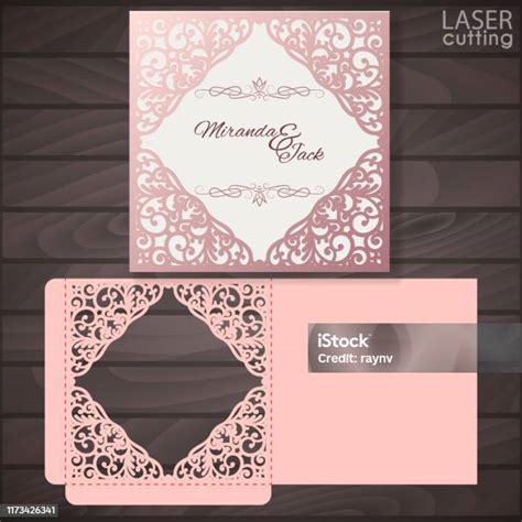 다이 레이저 컷 웨딩 카드 벡터 템플릿 레이스 프레임이 있는 초대 봉투 웨딩 레이스 초대 모형입니다 절단용 템플릿입니다 다이 컷 포켓 봉투 템플릿 0명에 대한 스톡 벡터