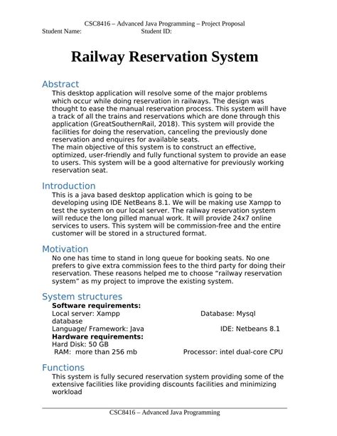 Csc Java Railway Reservation System Project Proposal