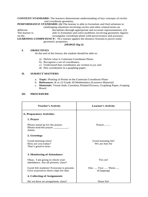 Detailed Lesson Plan For Plotting Points Pdf