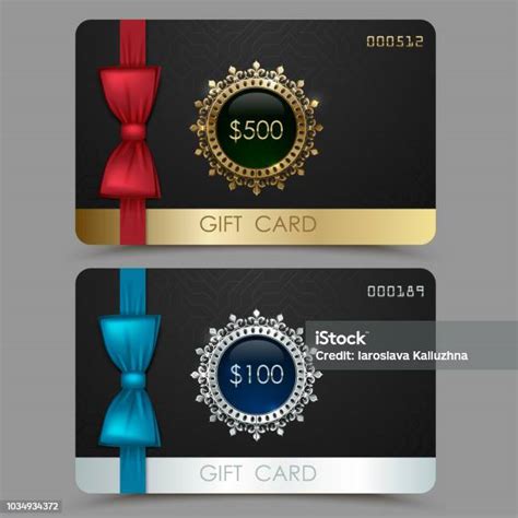 빨간색과 파란색 나비 리본으로의 선물 카드 바우처 검은 벡터 플라스틱 카드 골든 실버 라인 디자인 서식 파일 세트 할인