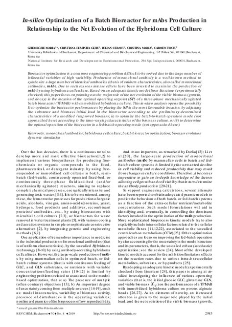Pdf In Silico Optimization Of A Batch Bioreactor For Mabs Production