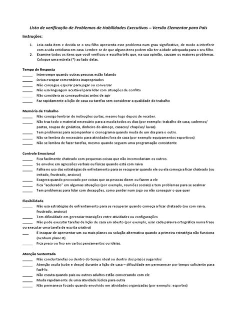 Lista De Verificação De Problemas De Habilidades Executivas Versão