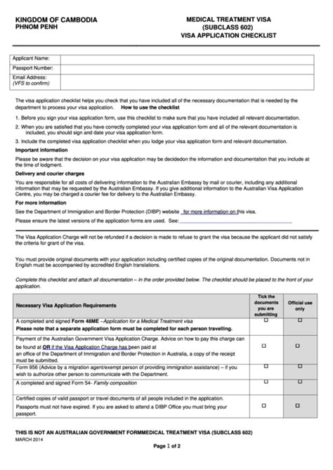 Form Medical Treatment Visa Subclass 602 Visa Application Checklist