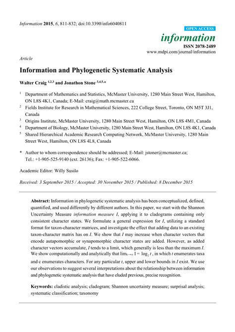 Pdf Information And Phylogenetic Systematic Analysis