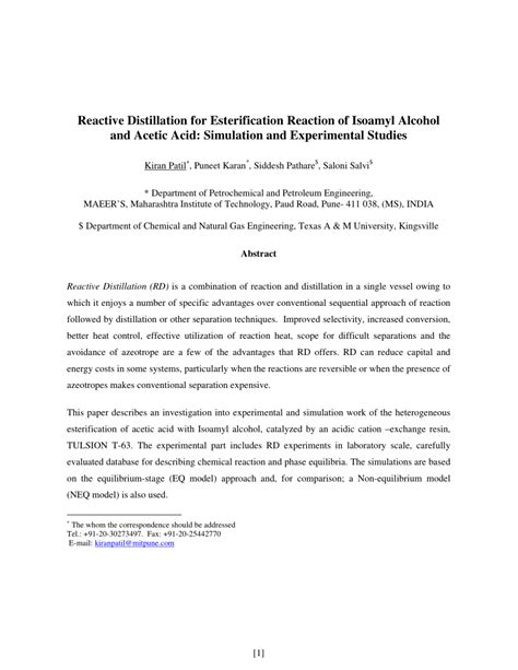 Pdf Reactive Distillation For Esterification Reaction Of Isoamyl Alcohol And Acetic Acid