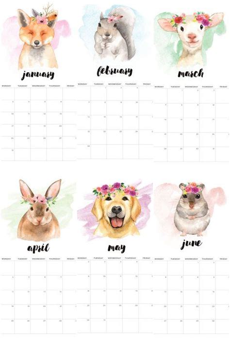 Calendário Mensal 2022 Animais Aquarela Para Imprimir Postergami