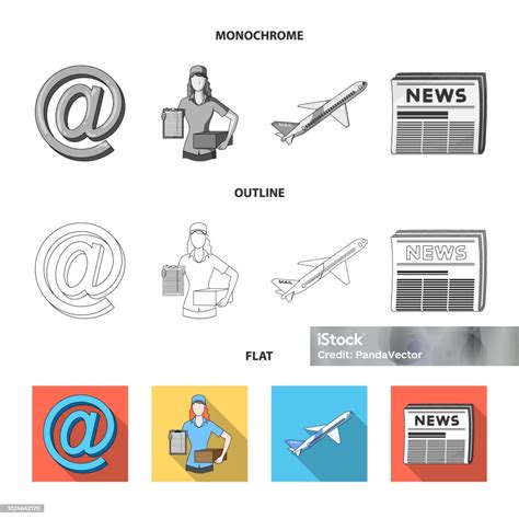 이메일 기호 소포 우편 비행기 신문의 팩 택배 메일 및 우편 배달 부 평면 개요 흑백 스타일 벡터 기호 재고 일러스트 웹 컬렉션