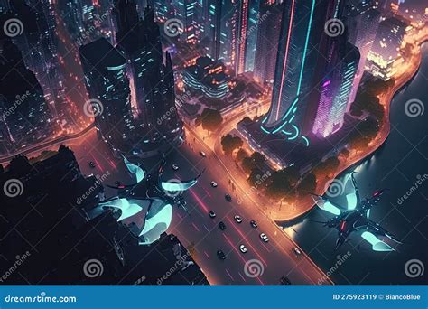Drone Footage Of Futuristic Media City Screens Leds Electro Stock Image Image Of Digital
