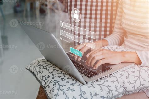 Person Hand Typing On Keyboard With Login And Password On Screen Display Cyber Security Concept