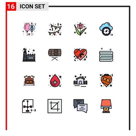 Set Of 16 Vector Flat Color Filled Lines On Grid For Green Factory Eco Manufacturing Easter