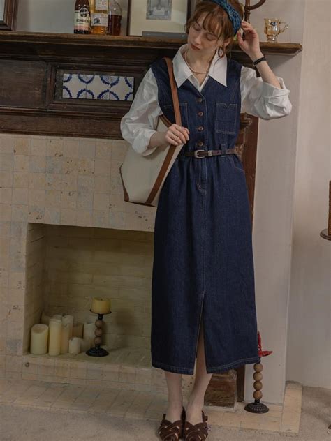 펫사이언스 여성 원피스 레트로 통근 기질 데님 스트랩 드레스 여성 봄 프렌치 허리 V 넥 스플릿 조끼 스커트 가벼운 위시버킷