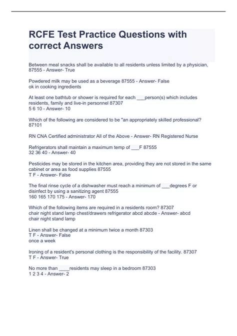 RCFE Test Practice Questions With Correct Answers RCFE Stuvia US