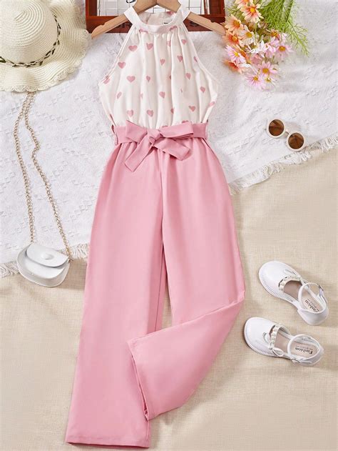 Girls Heart Print Halter Neck Belted Jumpsuit Trendy Fashion Outfits