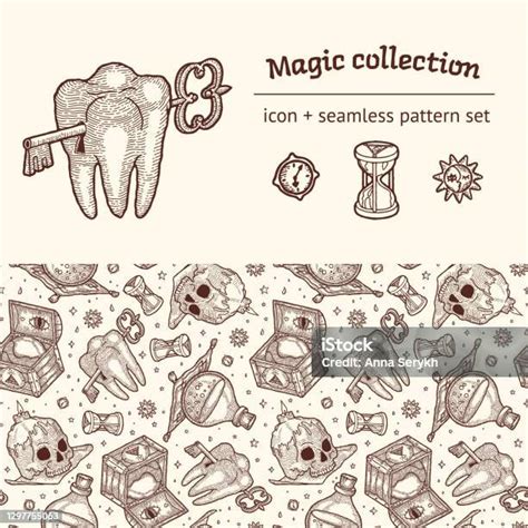 스크랩북 아트 세트 보헤미안 스타일 요소의 매끄러운 패턴 마법과 신비주의 글로브 모래 시계 태양 달 열쇠와 치아 물약 병 인간의 두개골 가방 점성술 타로 인쇄용 복고풍에