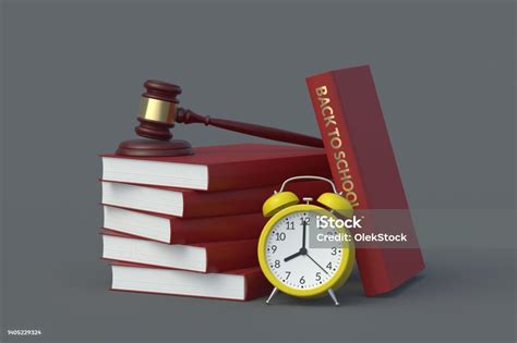 비문이있는 책은 판사 배꼽과 알람 시계 근처의 학교로 돌아갑니다 교육 시스템 규칙 3d 렌더링 0명에 대한 스톡 사진 및 기타 이미지 Istock