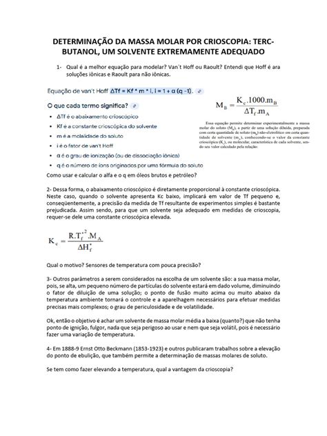 Crioscopia Com Terc Butanol Vantagens E Aplicações Pdf Solvente