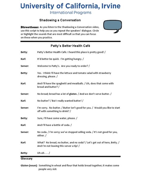 Handout Shadowing A Conver Sation Script Patty S Better Health Cafe Pdf
