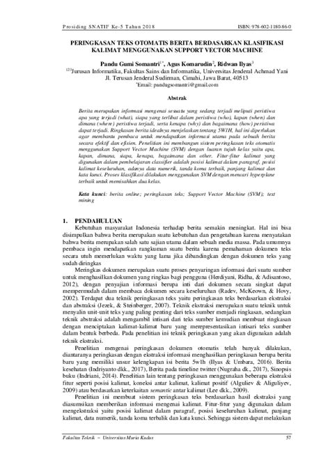 Pdf Peringkasan Teks Otomatis Berita Berdasarkan Klasifikasi Kalimat Menggunakan Support
