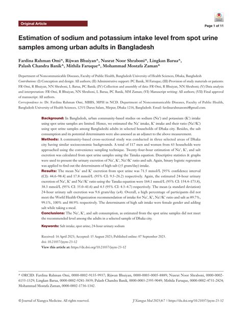 Pdf Estimation Of Sodium And Potassium Intake Level From Spot Urine