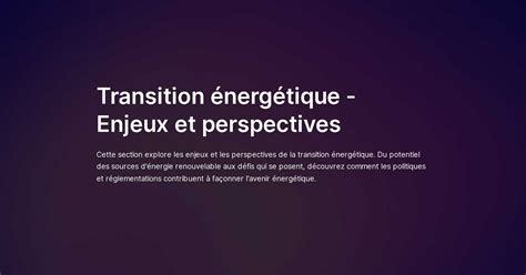 Transition énergétique Enjeux Et Perspectives